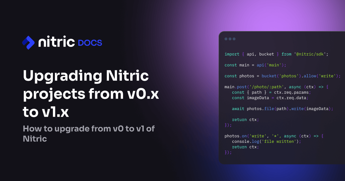 Misc: Upgrading Nitric projects from v0.x to v1.x | Nitric Documentation