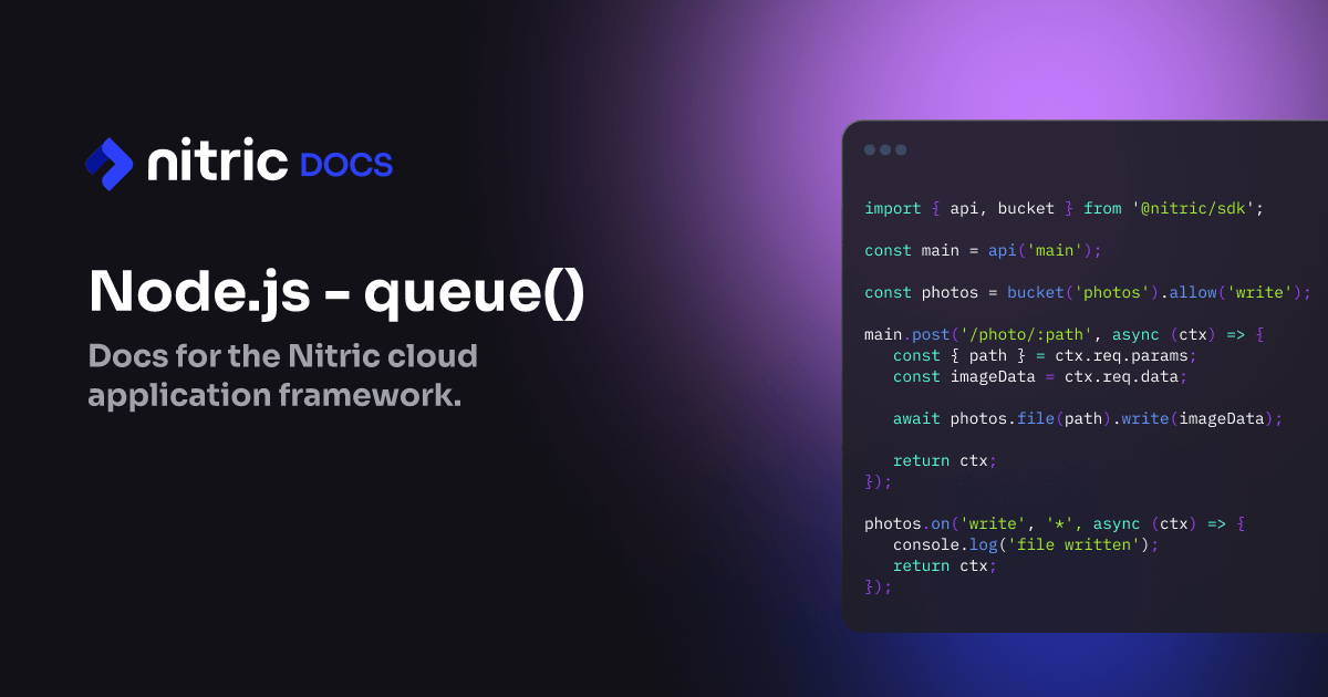Reference: Node.js - queue() | Nitric Documentation